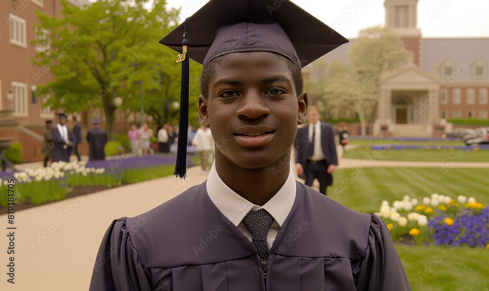 A joyful portrait of a male college graduate, proudly wearing his cap ...