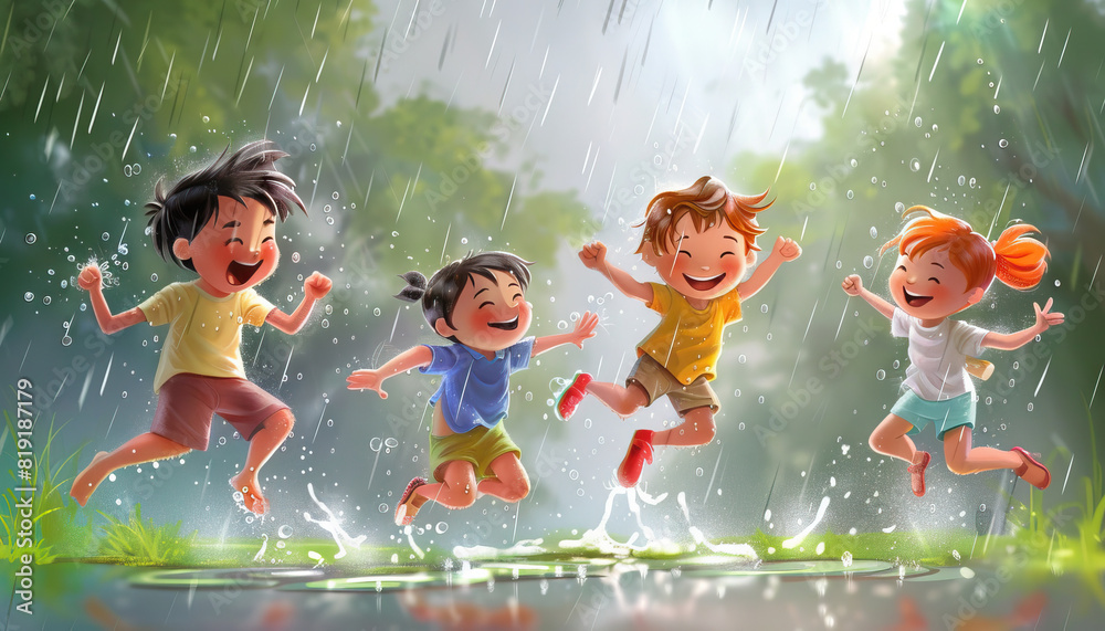 Happy Children Jumping in Puddle After Rain - Embrace the joy of ...