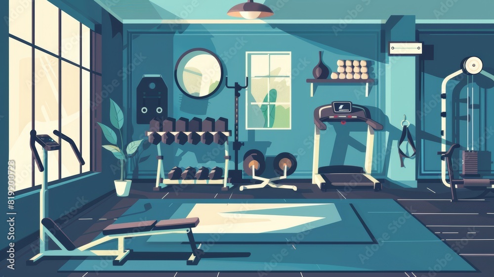 Home gym setup flat design front view fitness trend theme cartoon ...