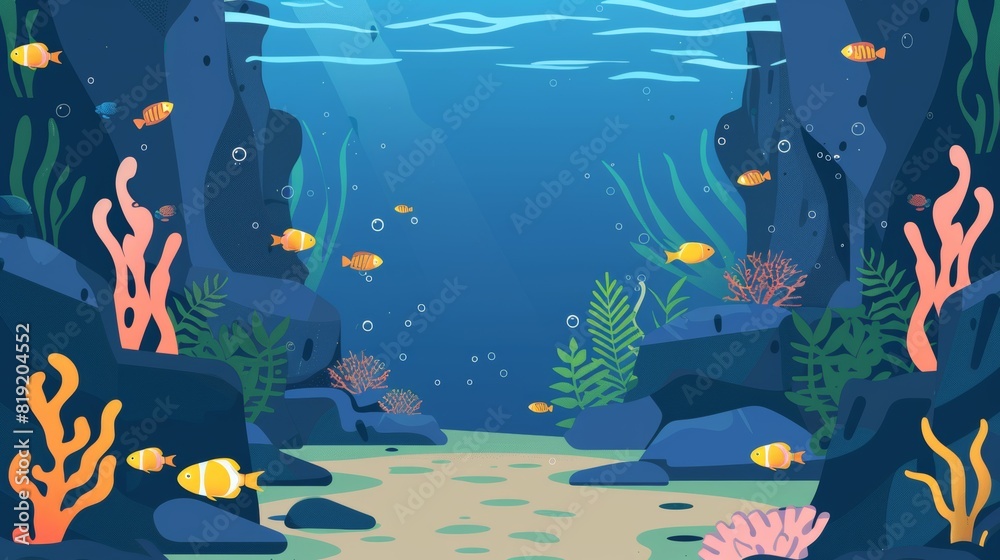 Aquarium with diverse marine life flat design front view underwater ...
