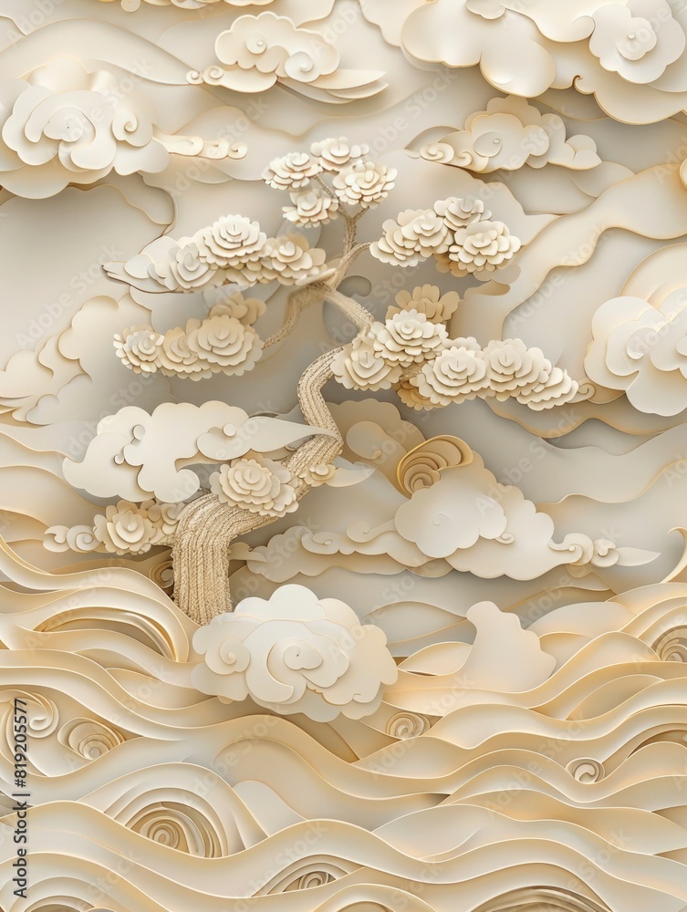 Wallpaper background with beige tree, clouds and wave patterns in the ...