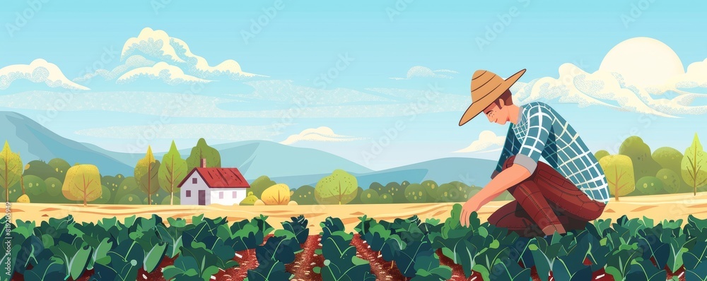 Farmer tending to crops flat design side view rural life theme ...