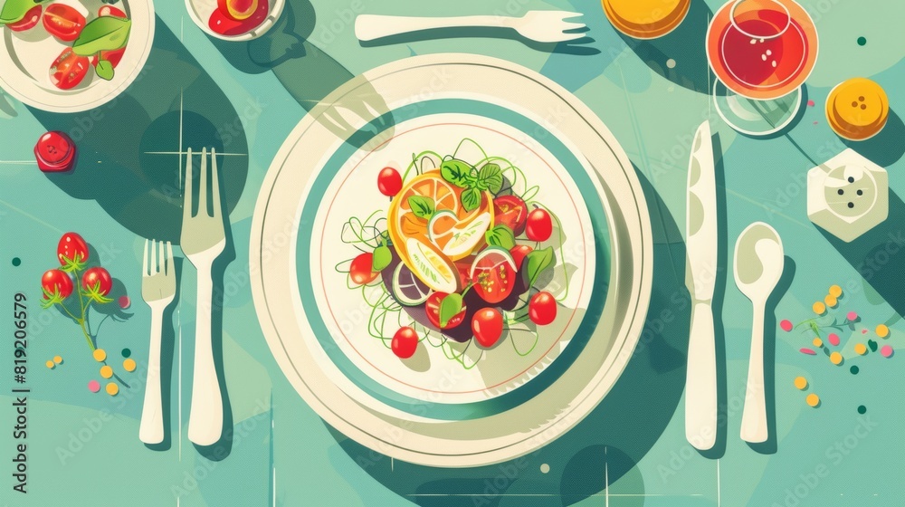 Gourmet dinner plate flat design top view fine dining theme cartoon ...
