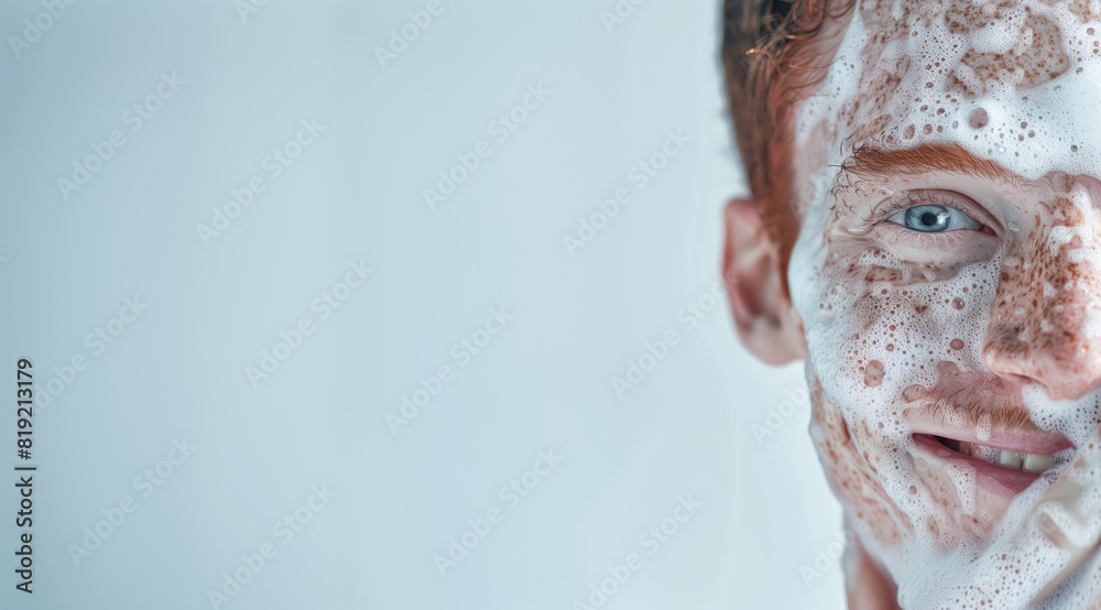 Happy Smiling Man with Freckles Washes Face with Foam: Skin Care, Men's ...