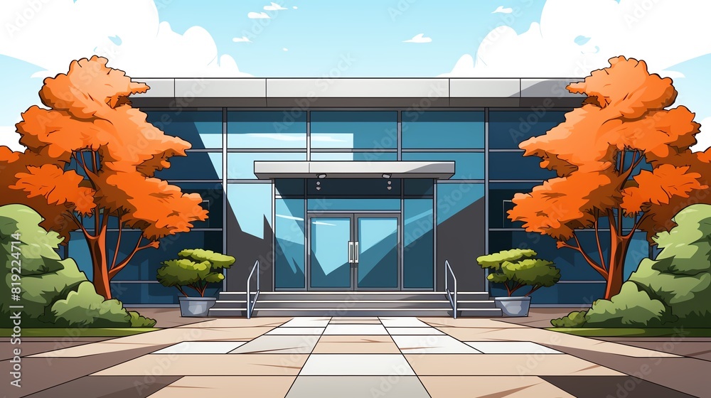 entrance flat design front view office building theme cartoon drawing ...