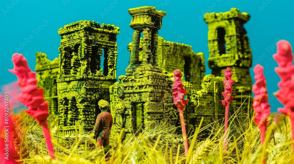 Miniature explorers discovering an ancient civilization hidden in a ...