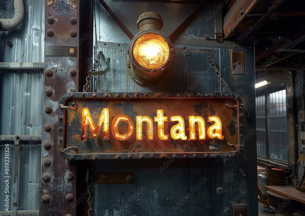 Rusted, Vintage "Montana" Train Car Sign Illuminated by Overhead Light ...