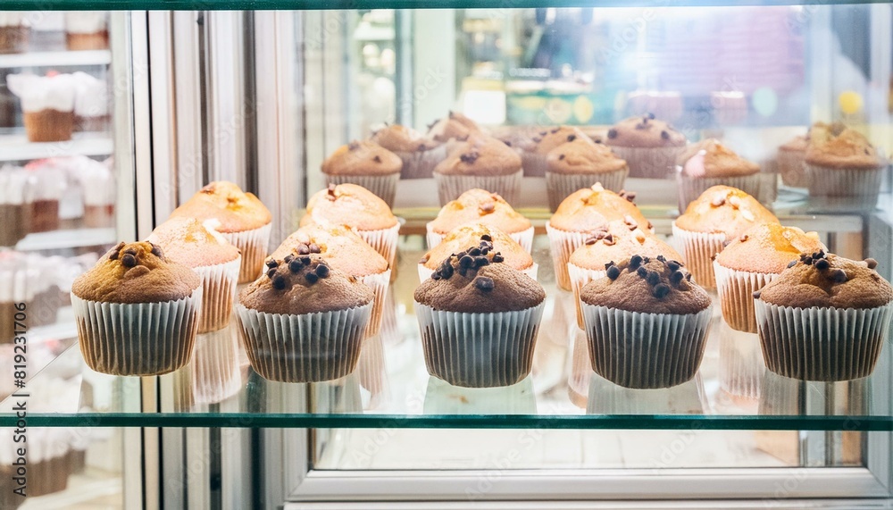 muffins with chocolate in a glass display in a bakery Stock ...