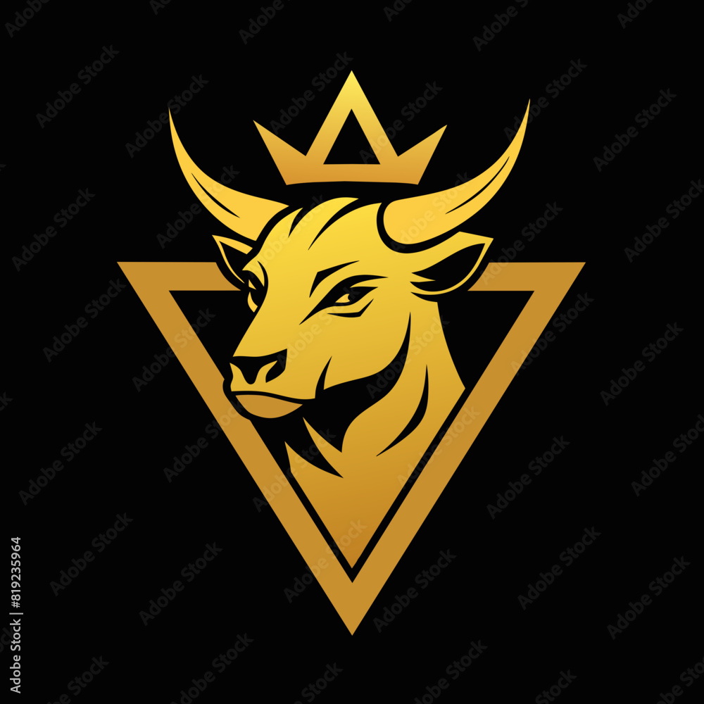 Golden Unique regal golden Bull, face front view, crown on head ...
