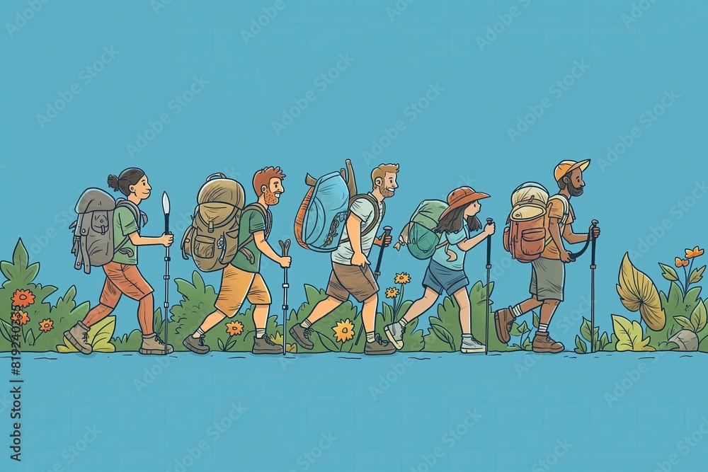 A playful 2D cartoon drawing of a group of friends hiking through a ...