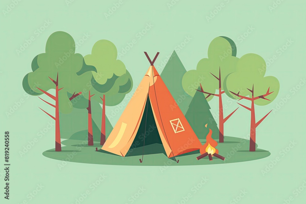 A cheerful 2D cartoon illustration of a tent pitched in the woods, with ...