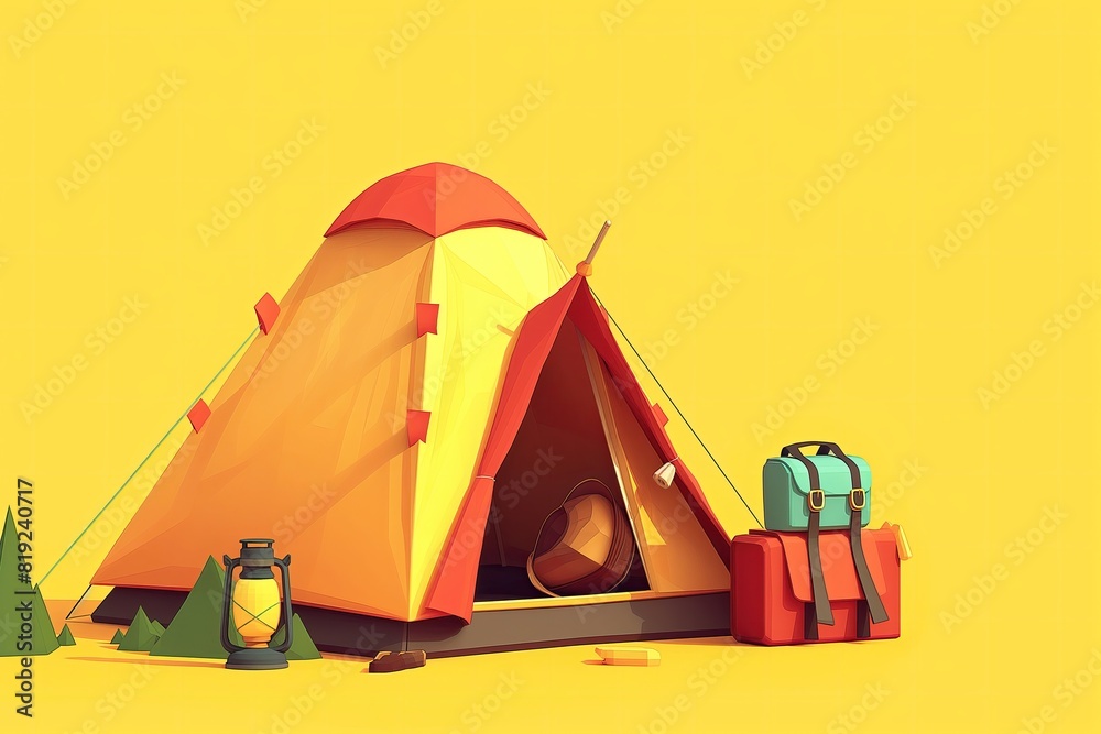 A vibrant 2D cartoon illustration of a camping scene with a tent ...