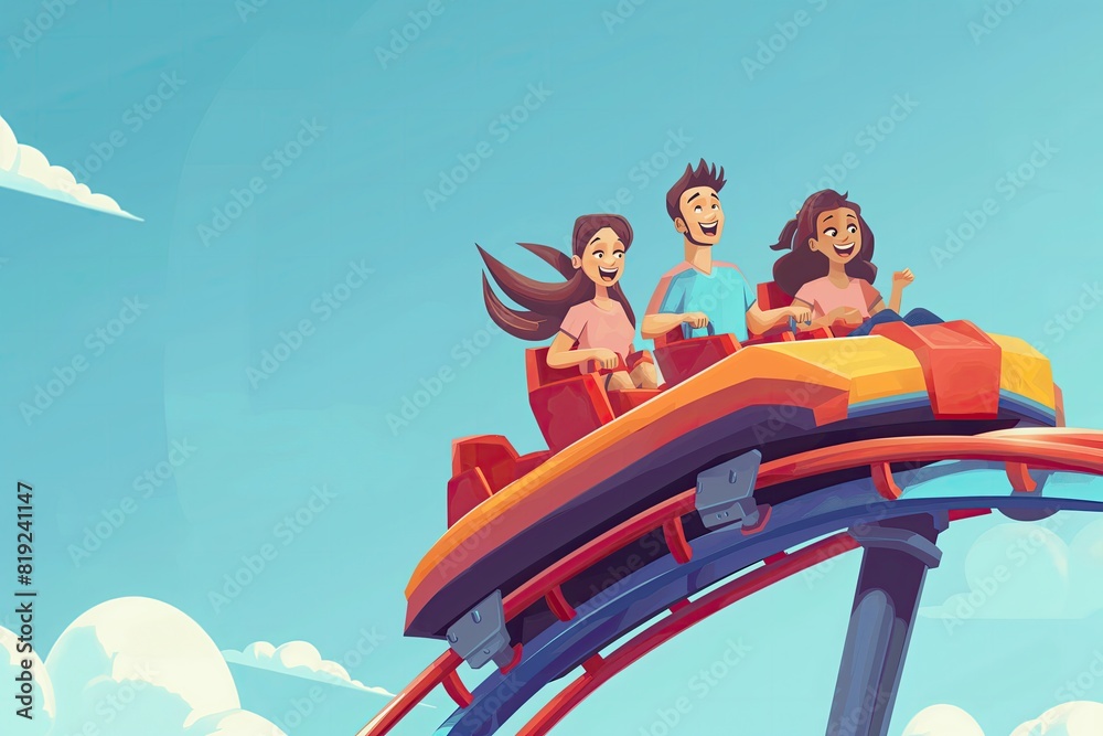 A lively 2D cartoon illustration of a family enjoying a roller coaster ...