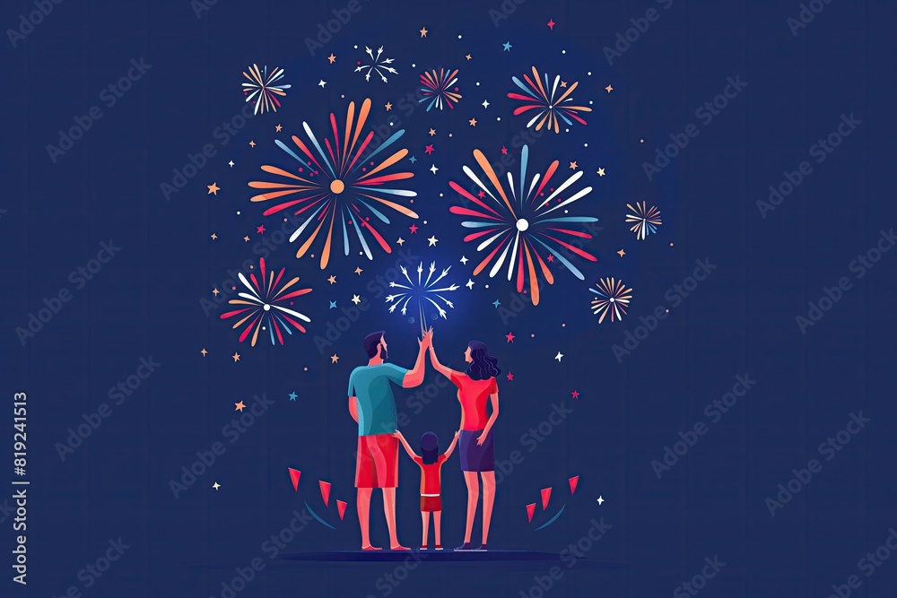 A charming 2D cartoon illustration of a family joyfully watching ...