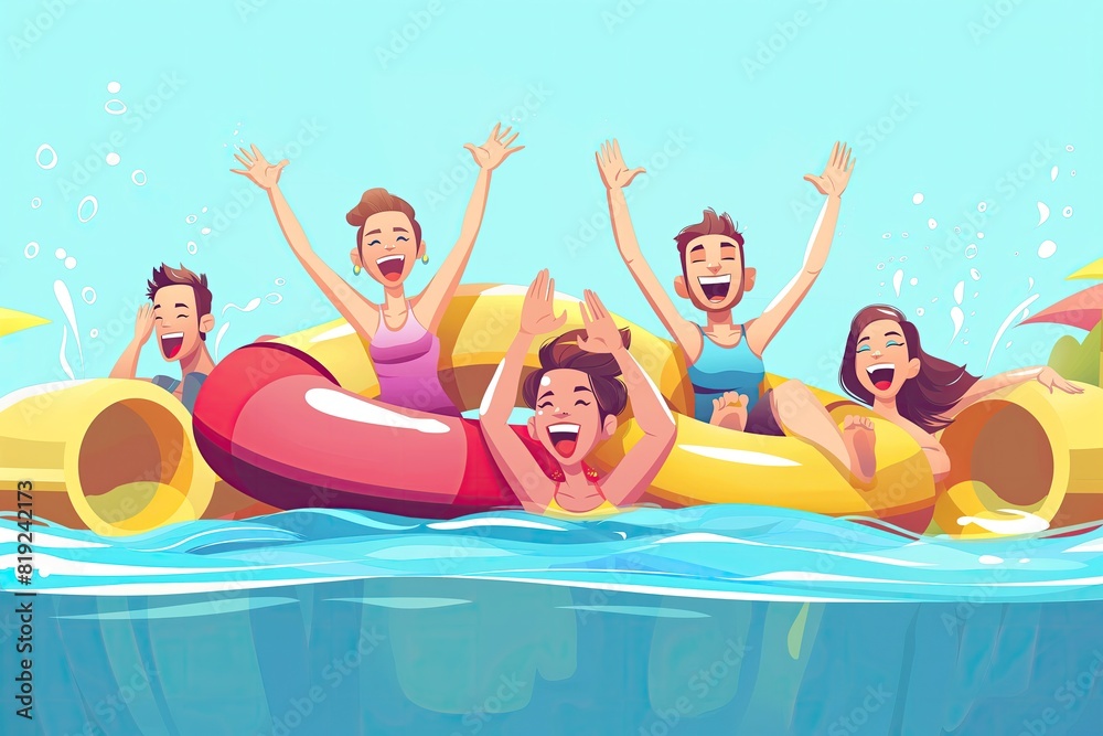 A cheerful 2D cartoon illustration of a family enjoying water slides ...