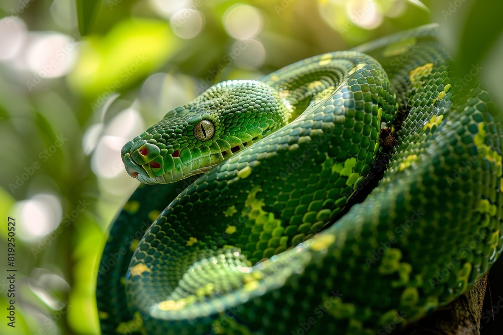 An emerald green snake tightly coils itself around a tree branch ...