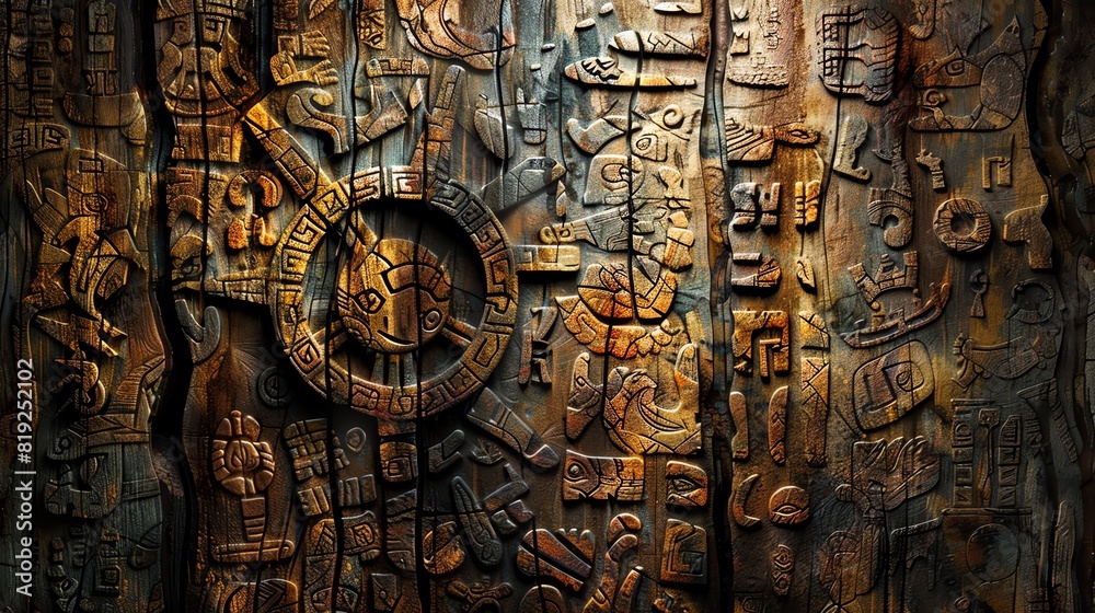 Mythological bark with carved symbols and ancient glyphs, invoking a ...