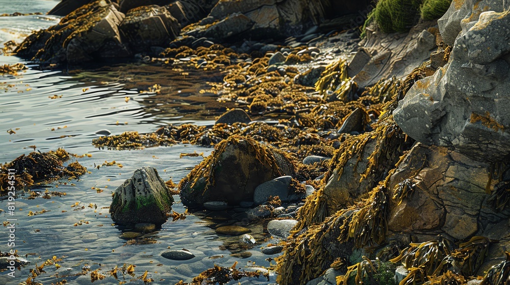 Rocky shoreline with seaweed, coastal environment, greens and browns ...