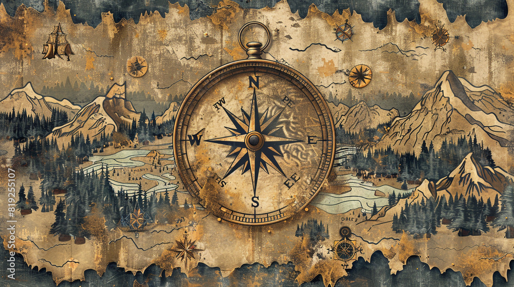 Vector art of a compass rose embedded in a weathered map, surrounded by ...