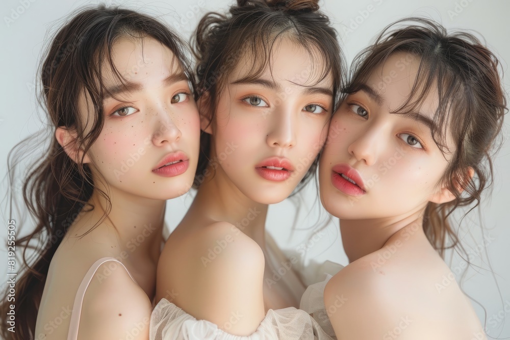 Foto De Three Japanese Women Young And Stylish Strike Poses For A Commercial Photoshoot In A