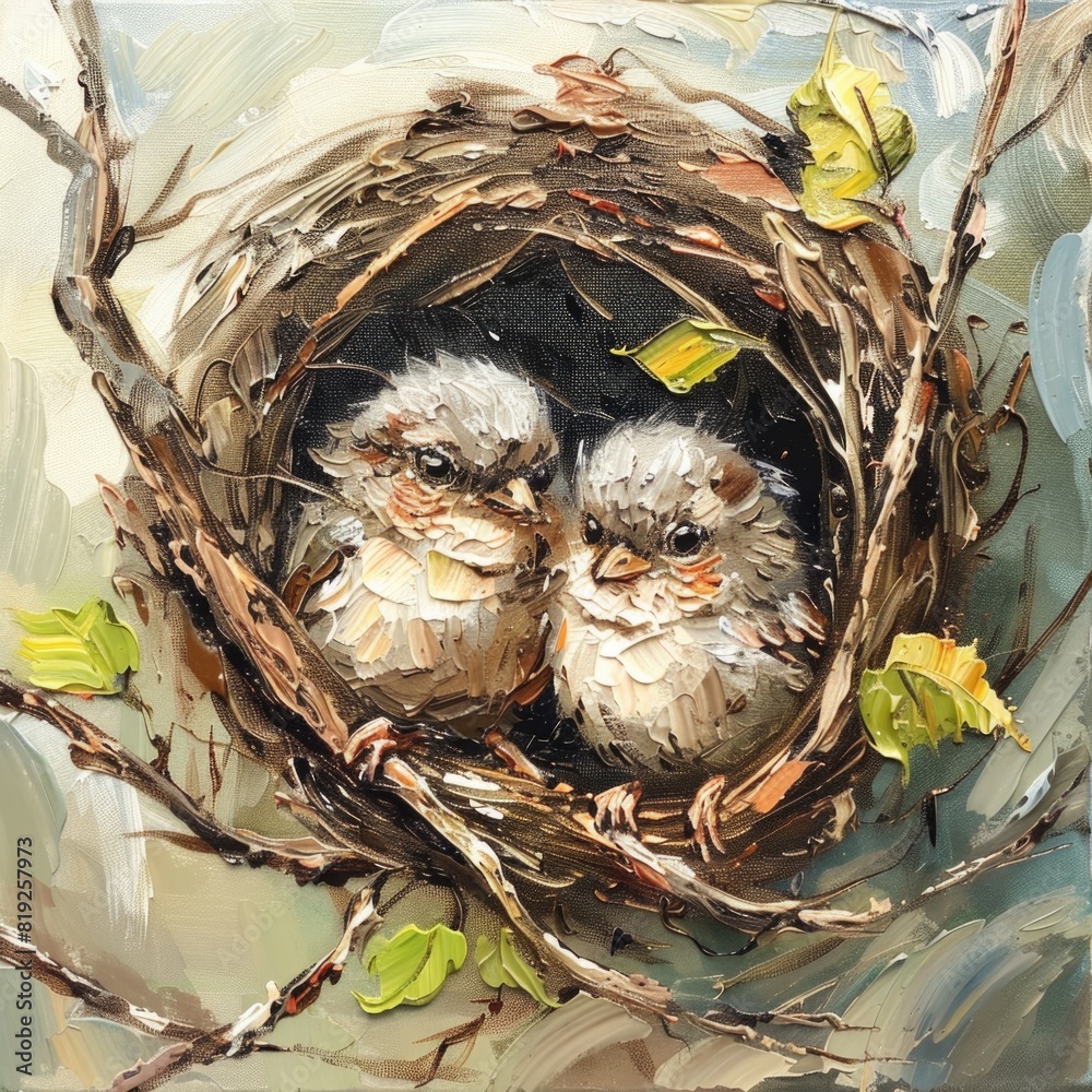 Painting of a cute nest with two baby sparrows birds with her mother ...