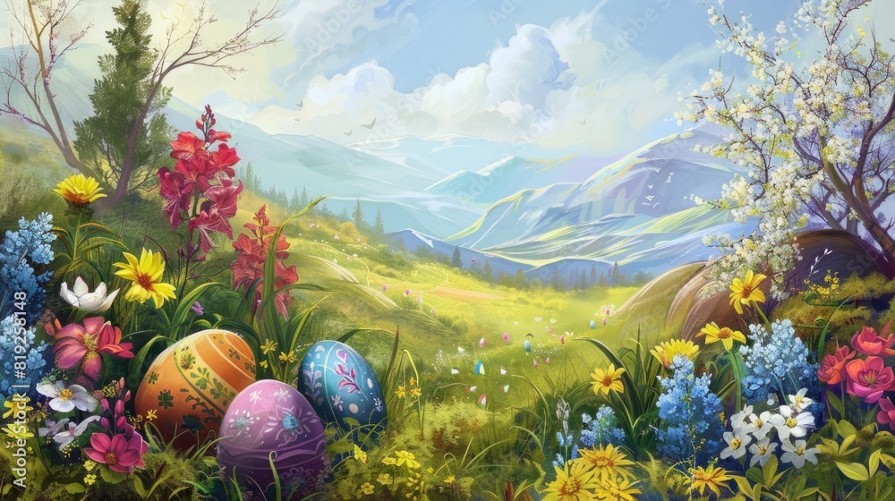 Painting of a spring landscape with flowers and Easter eggs Stock ...