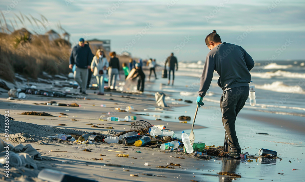 A group of volunteers from the clean coasts initiative collects garbage ...