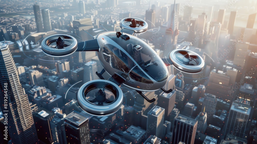 Personal Air Mobility. Illustrate compact personal flying vehicles ...