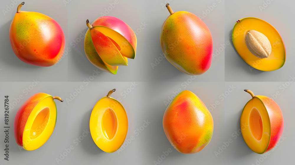 Mango Mangoes fruit, many angles and view side top front sliced halved ...