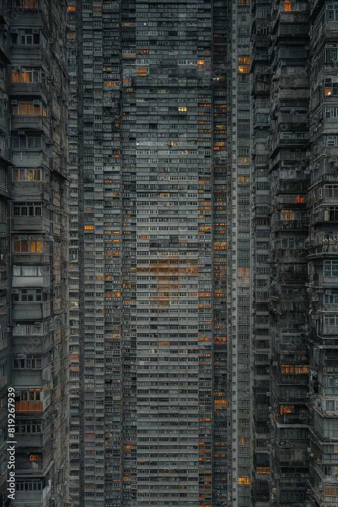 cityscape of chinese apartment building covered in dark grey concrete ...
