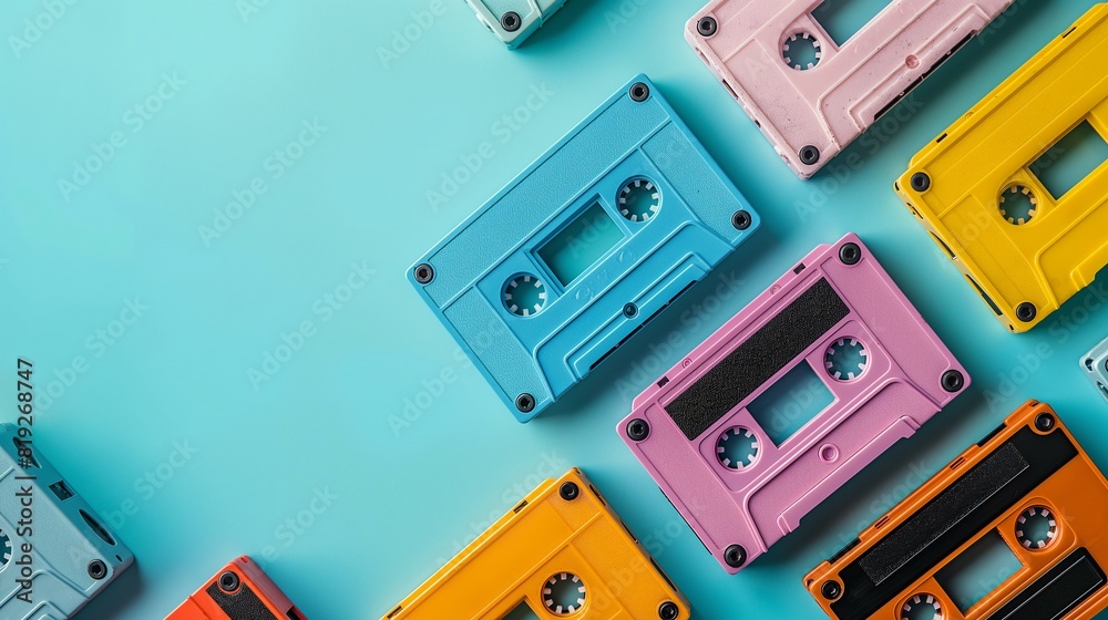 Colorful vintage audio cassette tapes arranged in a pattern on a blue ...