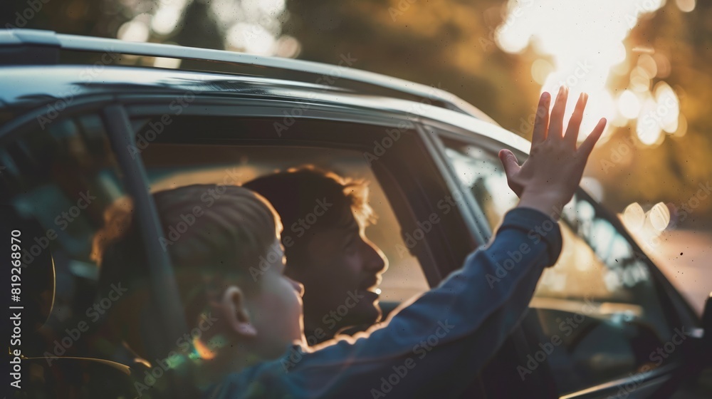 Emotional farewell as a man waves to a boy through the car window ...