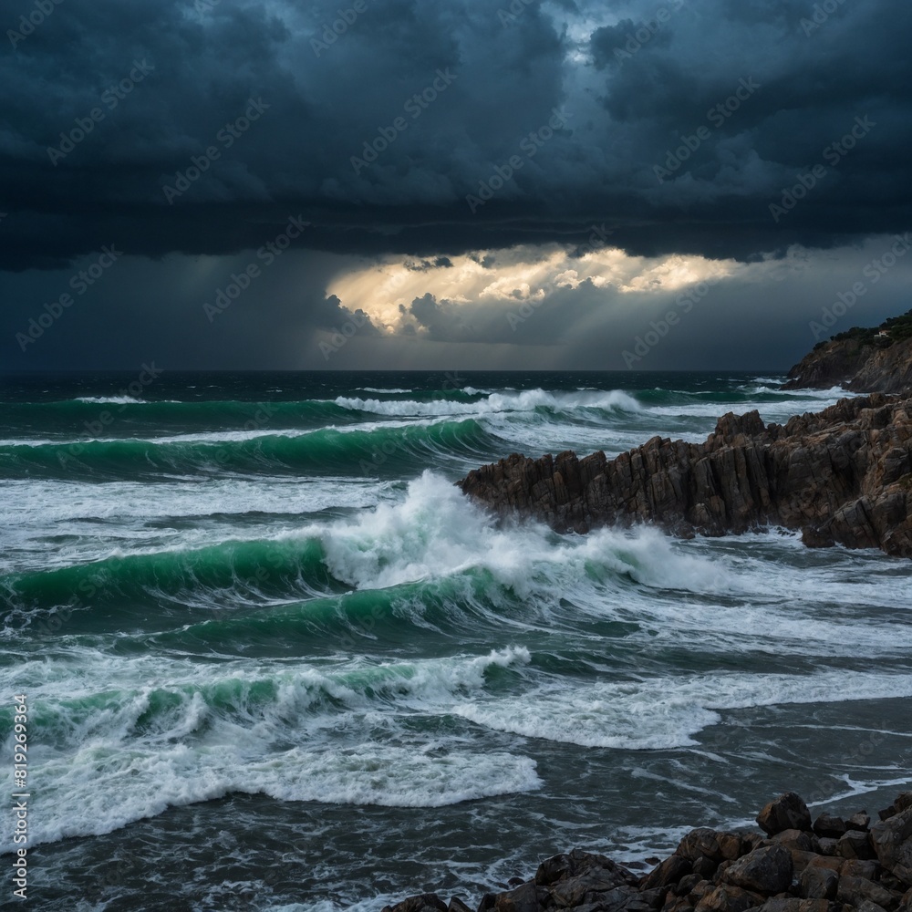 Dramatic seascape unfolds as tumultuous waves crash against jagged ...