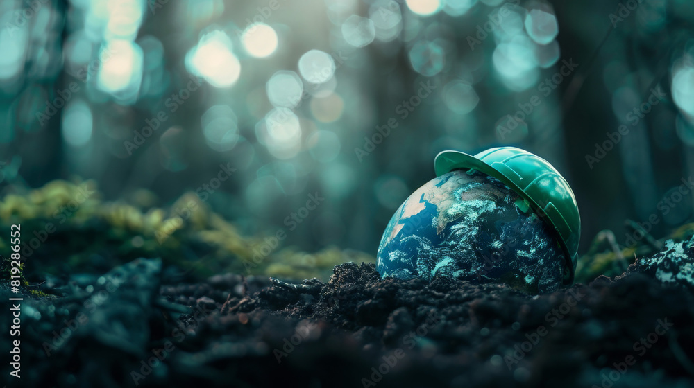 Planet Earth with a hard hat on top, with green and blue colors, with a ...