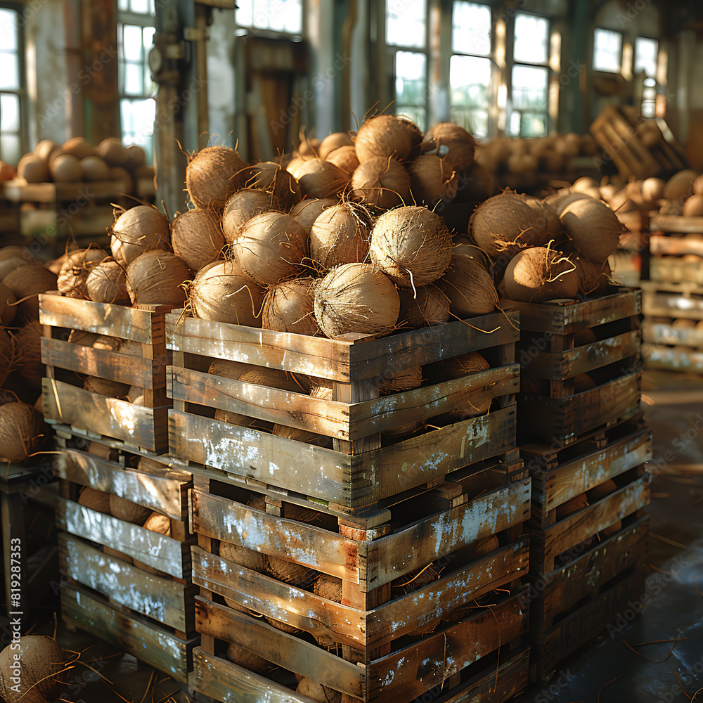 The harvested coconuts are packed in wooden boxes on the sorting line ...