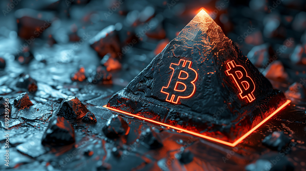 bitcoin logo on top of an ancient pyramid with glowing red lights Stock ...
