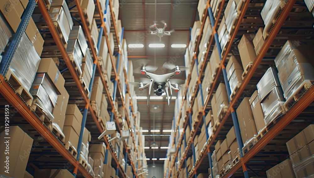 drones hovering over aisles in a warehouse, diligently scanning ... drones hovering over aisles in a warehouse, diligently scanning ...