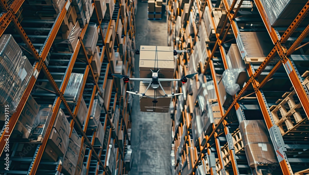drones hovering over aisles in a warehouse, diligently scanning ... drones hovering over aisles in a warehouse, diligently scanning ...