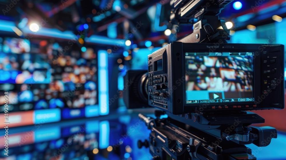 Professional TV Camera Standing in Live News Studio with Anchor seen in ...