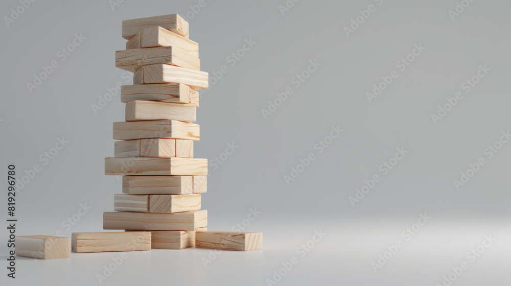 Stack of wooden blocks forming a tall Jenga tower on a gray backdrop ...