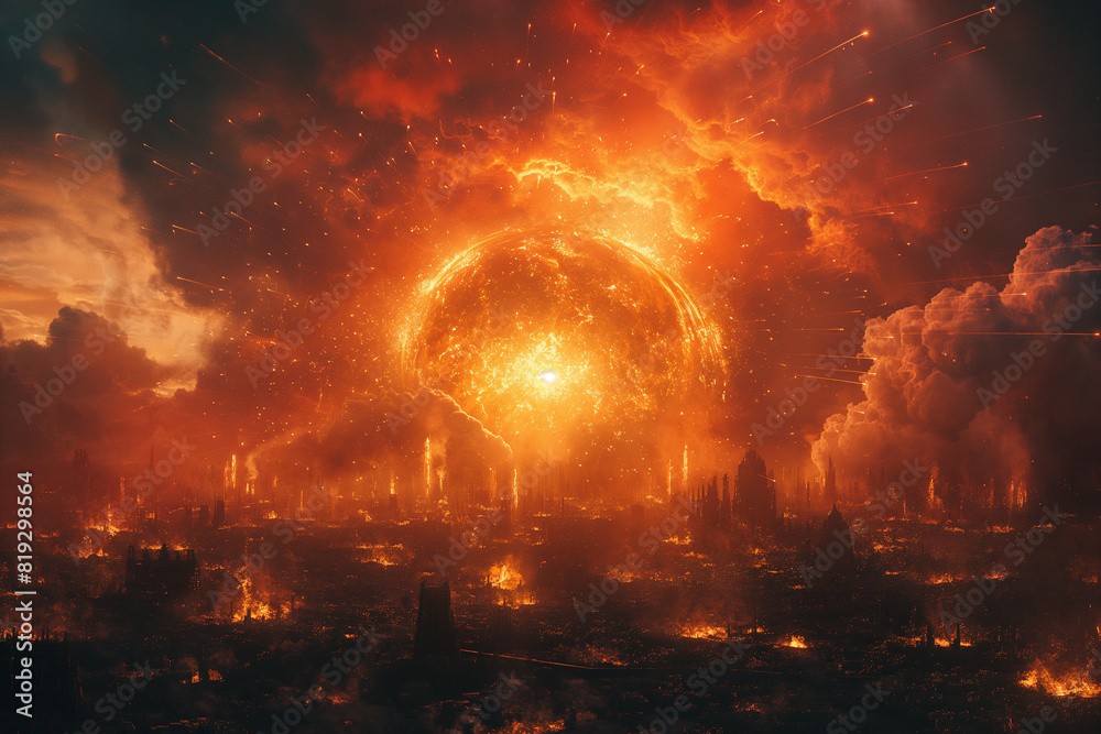 WW3 giant glowing ball of fire floated above an apocalyptic landscape ...