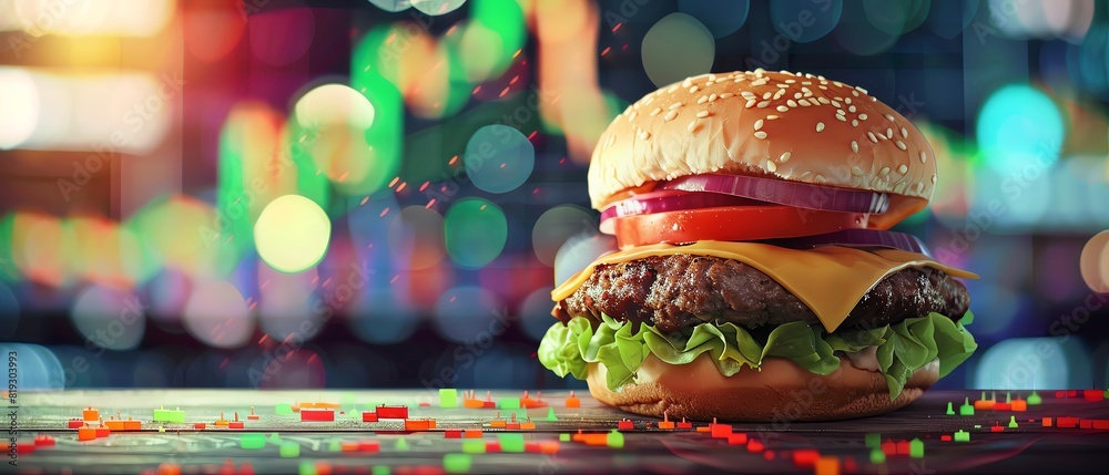 giant double cheeseburger on stock market chart background, photo ...