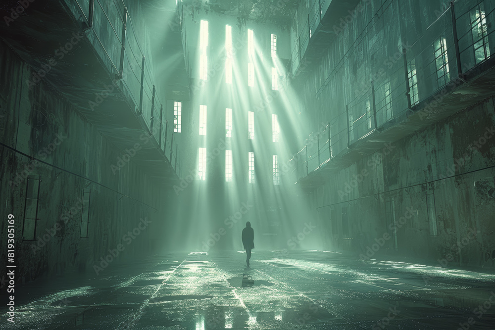 A desolate prison yard bathed in harsh fluorescent light, where inmates ...