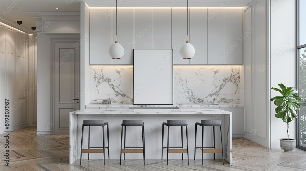 A modern kitchen with sleek white cabinets and marble countertops, with ...