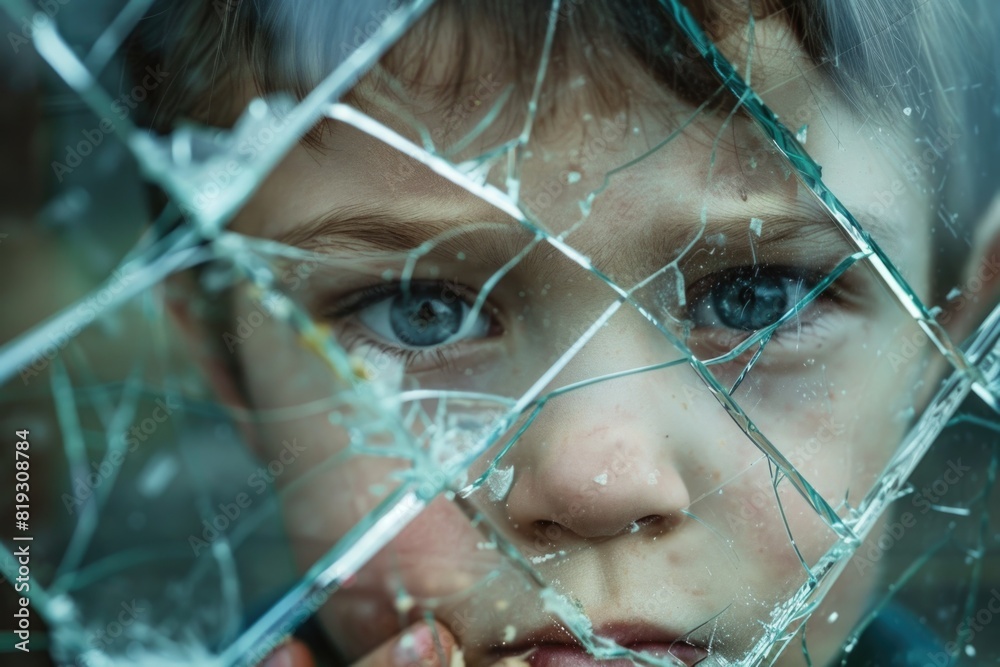 Sad child looking through the shattered glass. Innocence Shattered ...