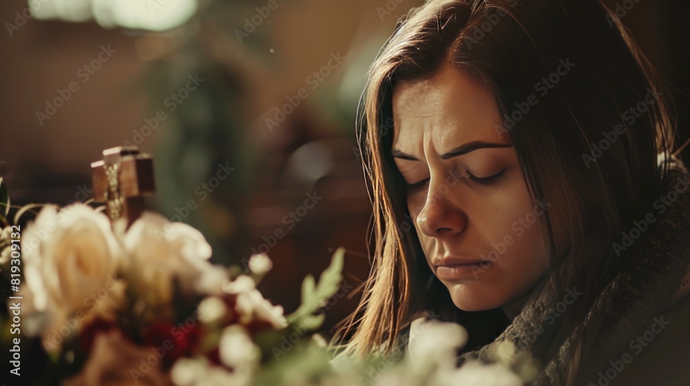 Sad woman at a funeral with flower on coffin after loss of a loved one ...