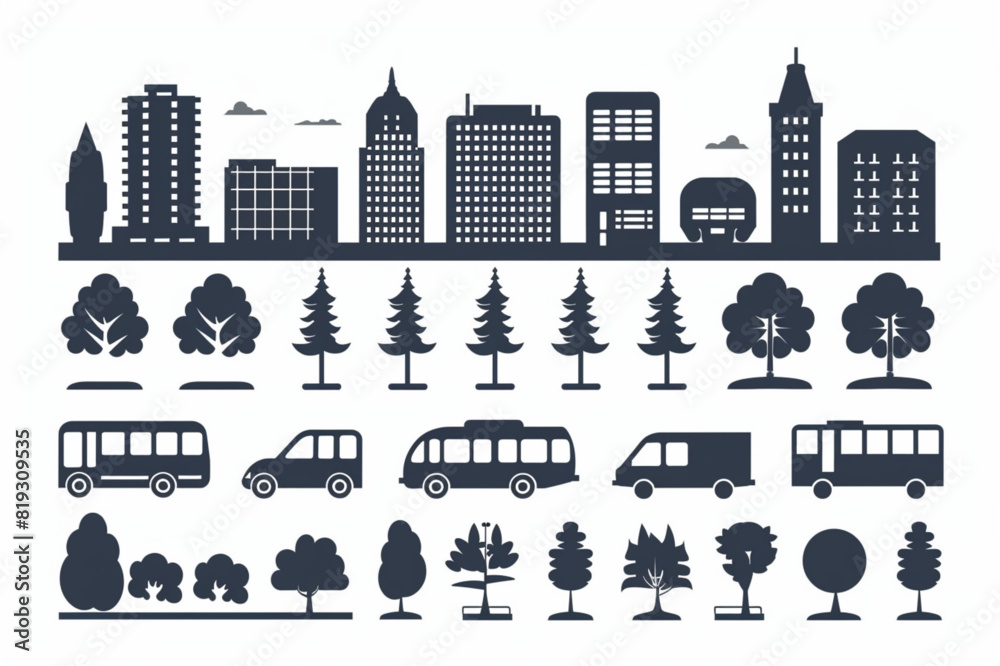 Vetor de Set of background icons of streetscape of city center and ...