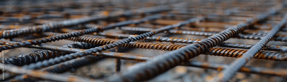 The steel mesh frame for the foundation of an industrial building is ...