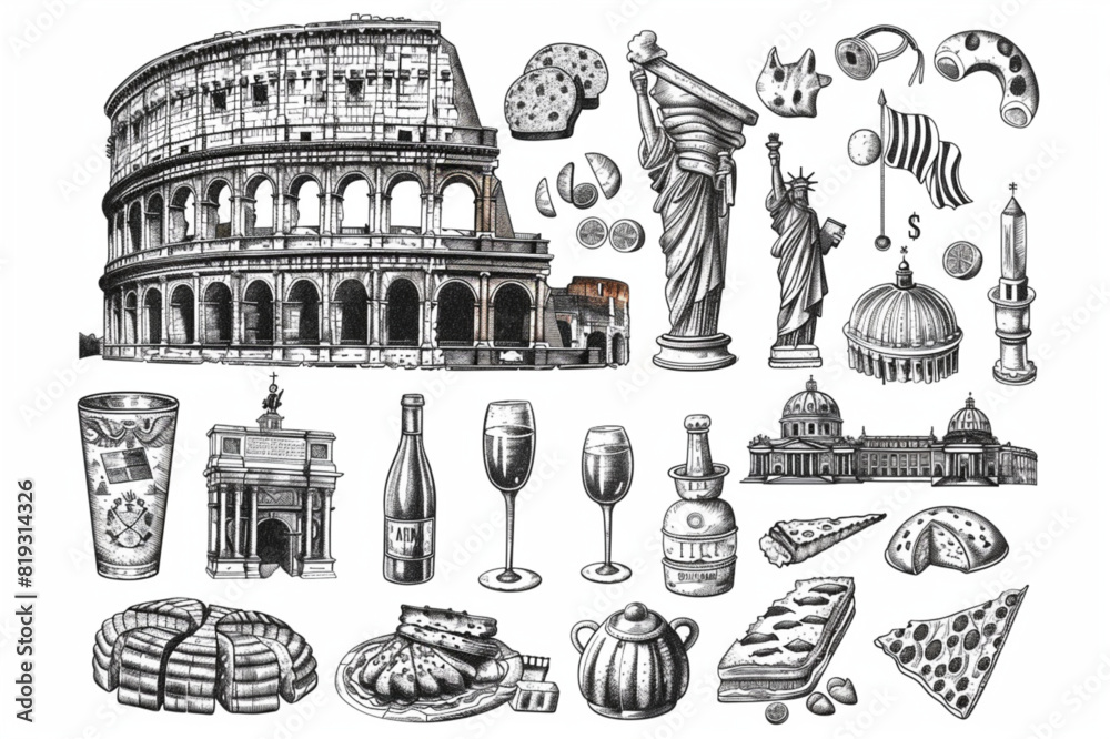 Set of hand drawn Italy icons, Rome set in vintage . Vector doodle ...