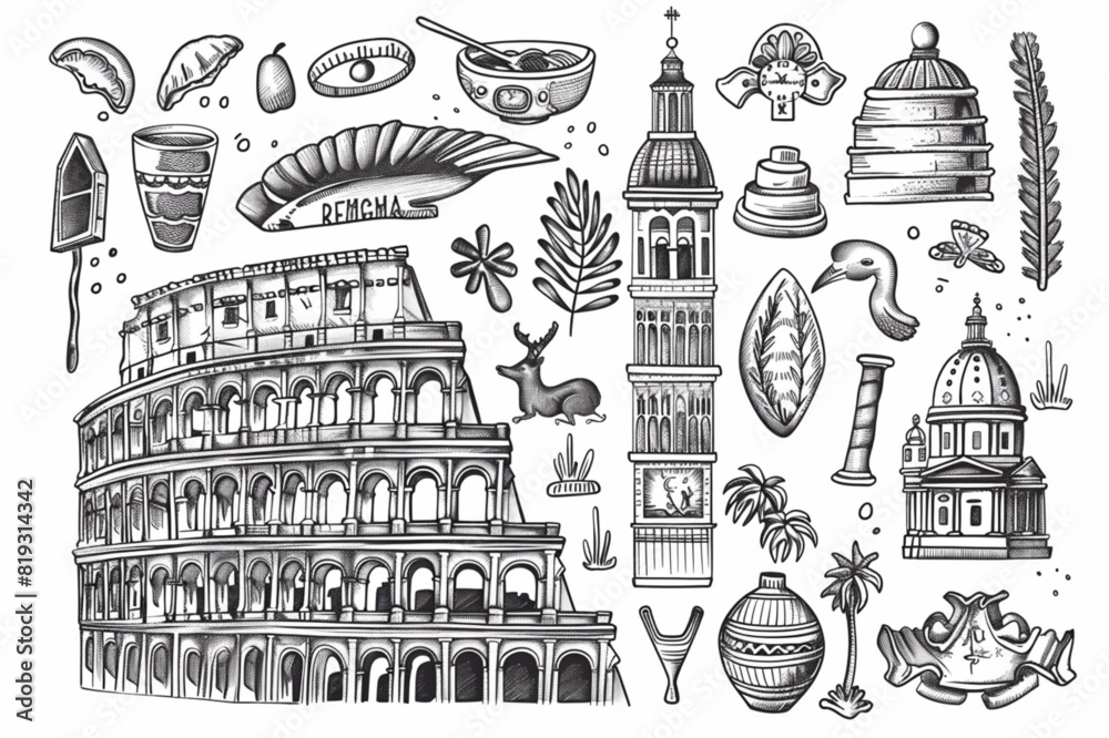 Set of hand drawn Italy icons, Rome set in vintage . Vector doodle ...